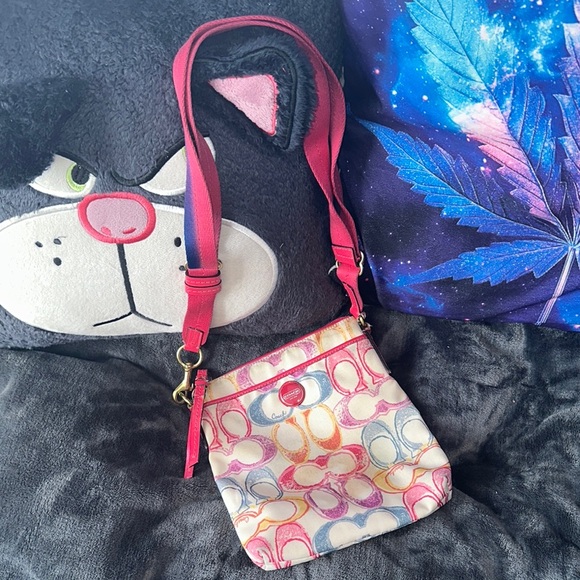 Coach | Bags | Coach Multi Colored Signature Crossbody Bag Pink Canvas ...